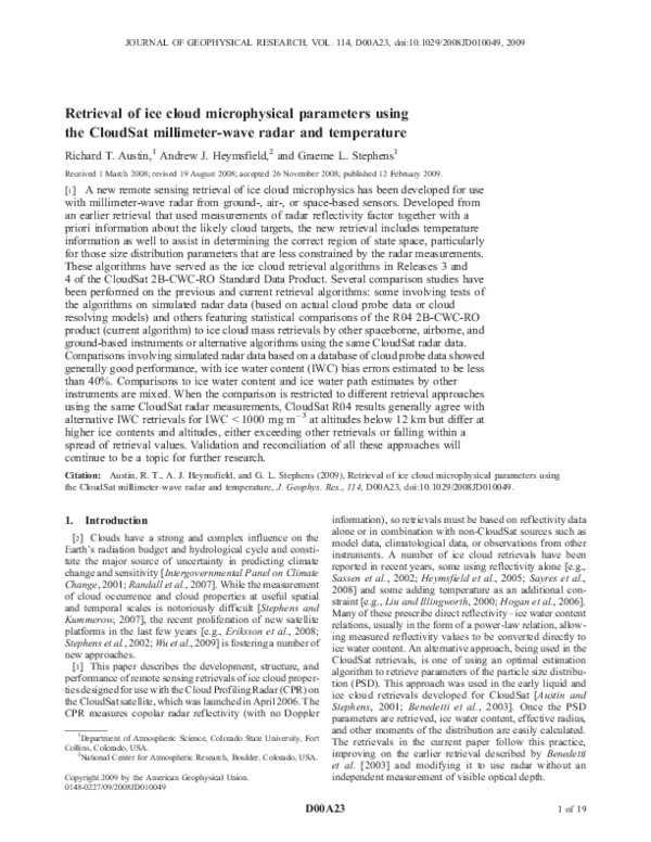 (PDF) Retrieval of ice cloud microphysical parameters using the CloudSat millimeter-wave radar ...