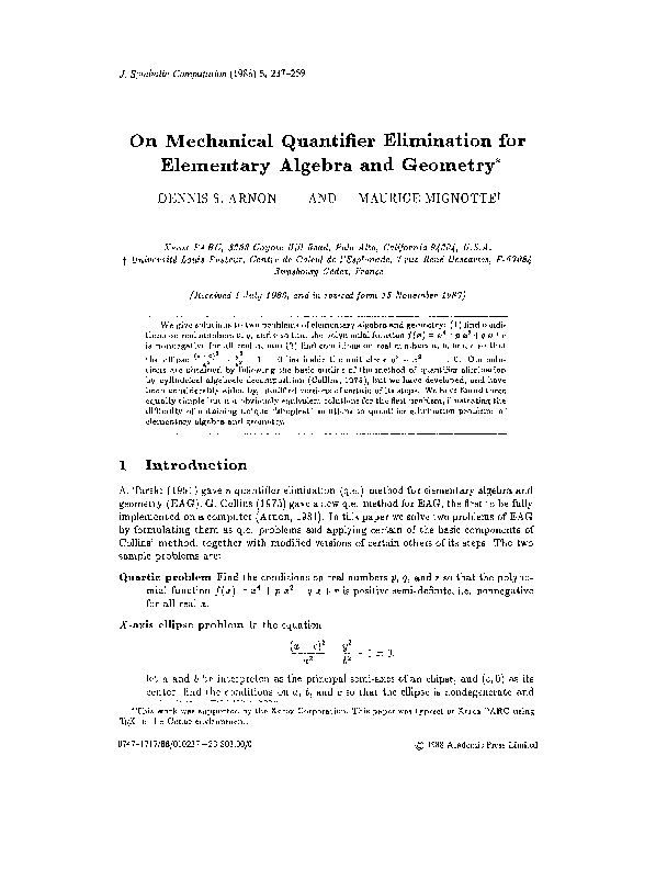 (PDF) On Mechanical Quantifier Elimination for Elementary Algebra and Geometry
