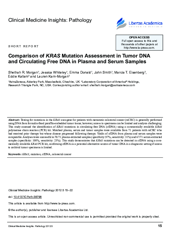 (PDF) Comparison of KRAS Mutation Assessment in Tumor DNA and ...