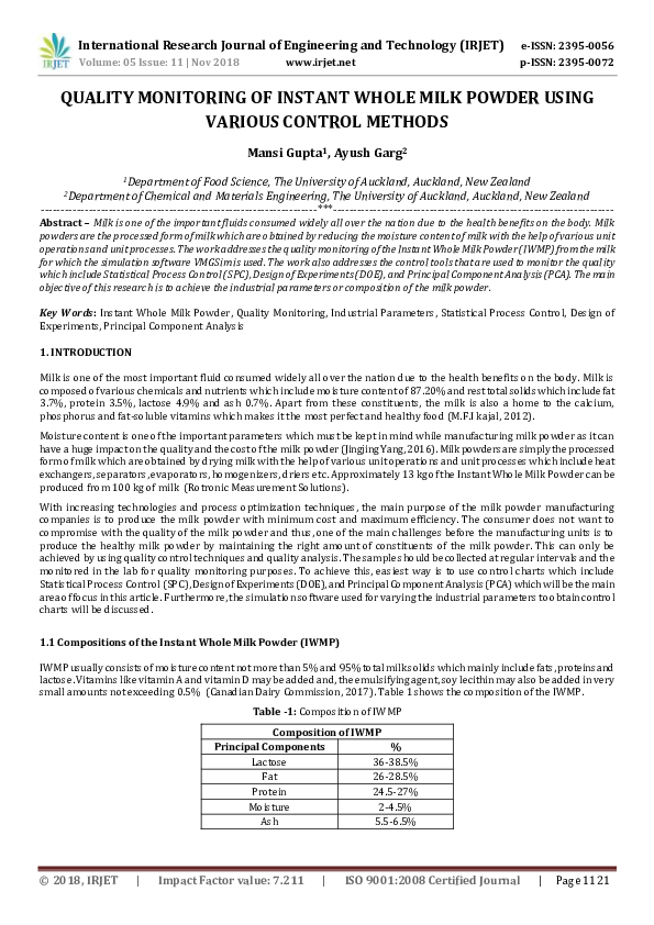 (PDF) Quality Monitoring of Instant Whole Milk Powder Using Various ...