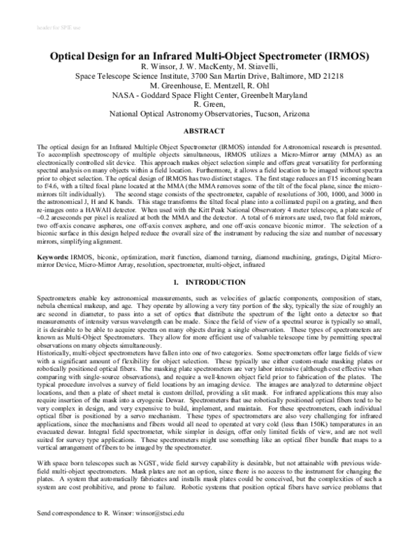 (PDF) Optical Design for an Infrared Multi-Object Spectrometer ( IRMOS )