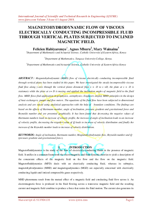 (PDF) Magnetohydrodynamic Flow of Viscous Electrically Conducting ...