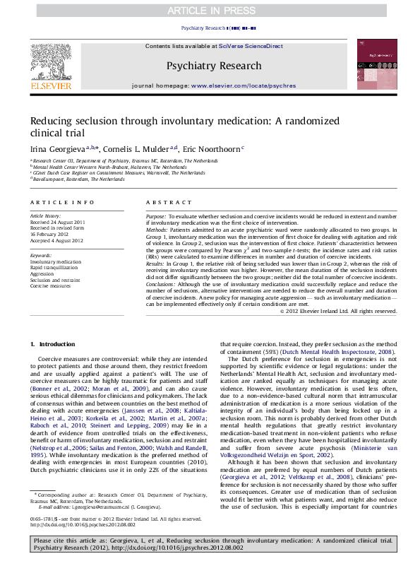 (PDF) Reducing seclusion through involuntary medication: A randomized ...