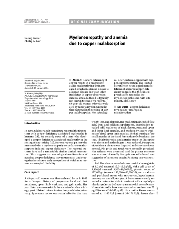 (PDF) Myeloneuropathy and anemia due to copper malabsorption