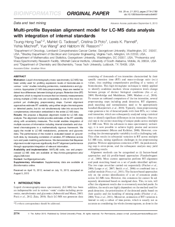 (PDF) Multi-profile Bayesian alignment model for LC-MS data analysis with integration of ...