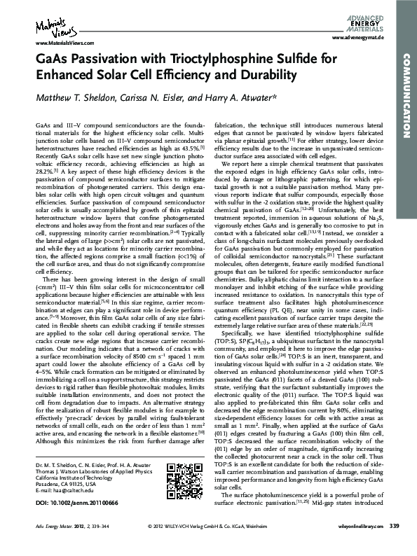 (PDF) GaAs Passivation with Trioctylphosphine Sulfide for Enhanced ...