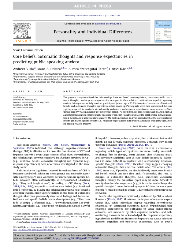 (PDF) Core beliefs, automatic thoughts and response expectancies in ...