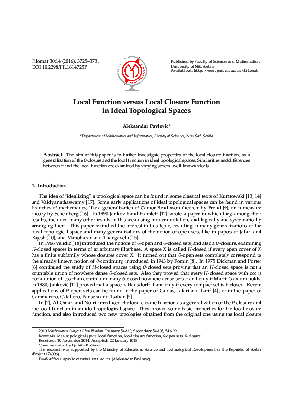 (PDF) Local function versus local closure function in ideal topological spaces