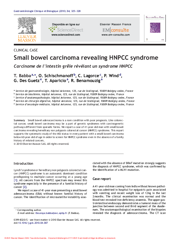 (PDF) Small bowel carcinoma revealing HNPCC syndrome