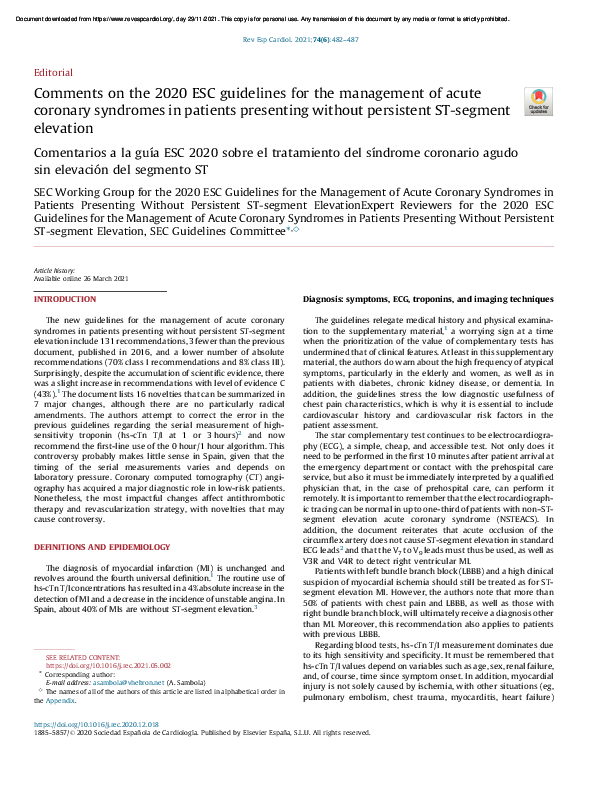 (PDF) Comments on the 2020 ESC guidelines for the management of acute ...