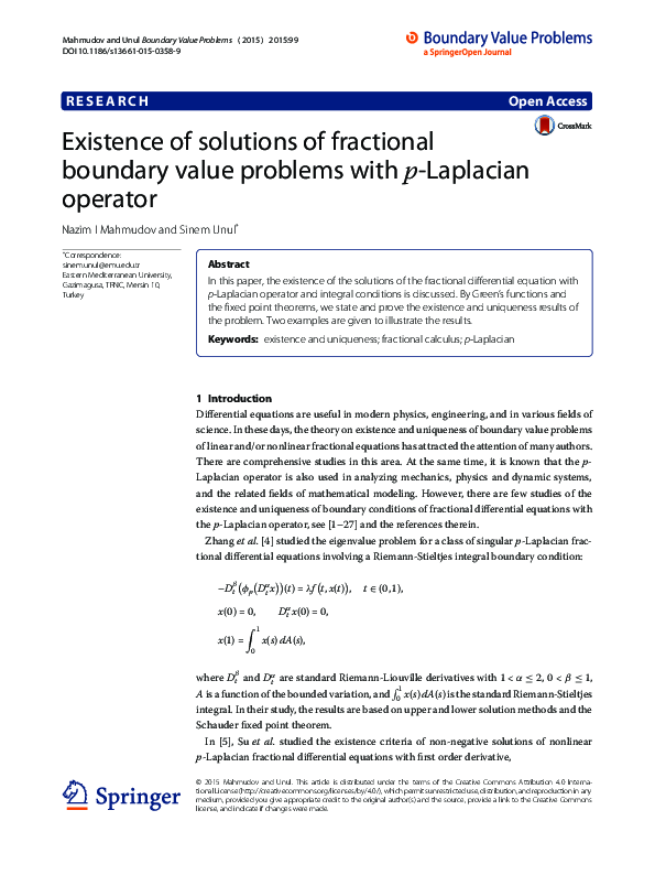 (PDF) Existence of Solutions of Fractional Boundary Value Problems with p-Laplacian Operator