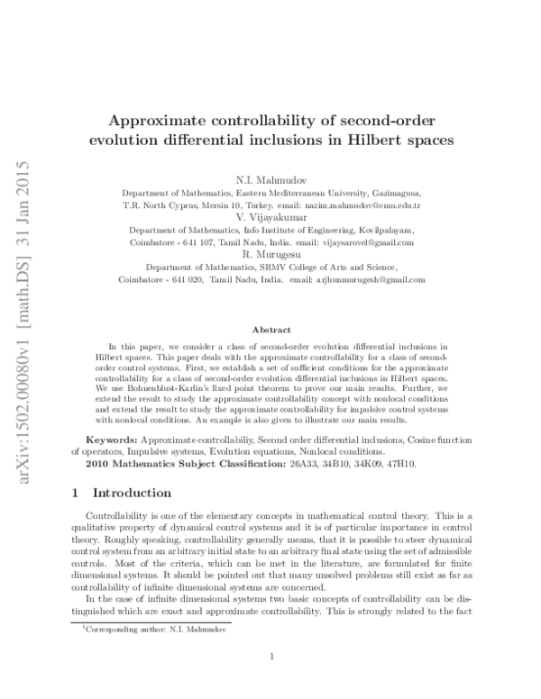 (PDF) Approximate controllability of second-order evolution differential inclusions in Hilbert ...