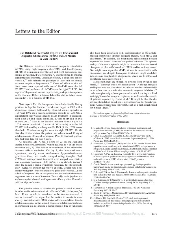 (PDF) Can Bilateral Prefrontal Repetitive Transcranial Magnetic Stimulation (rTMS) Induce Mania ...