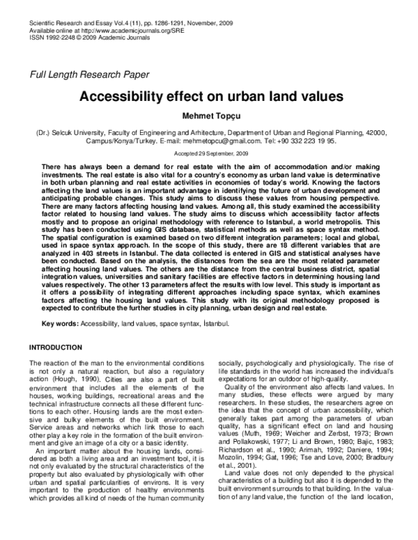 (PDF) Accessibility effect on urban land values