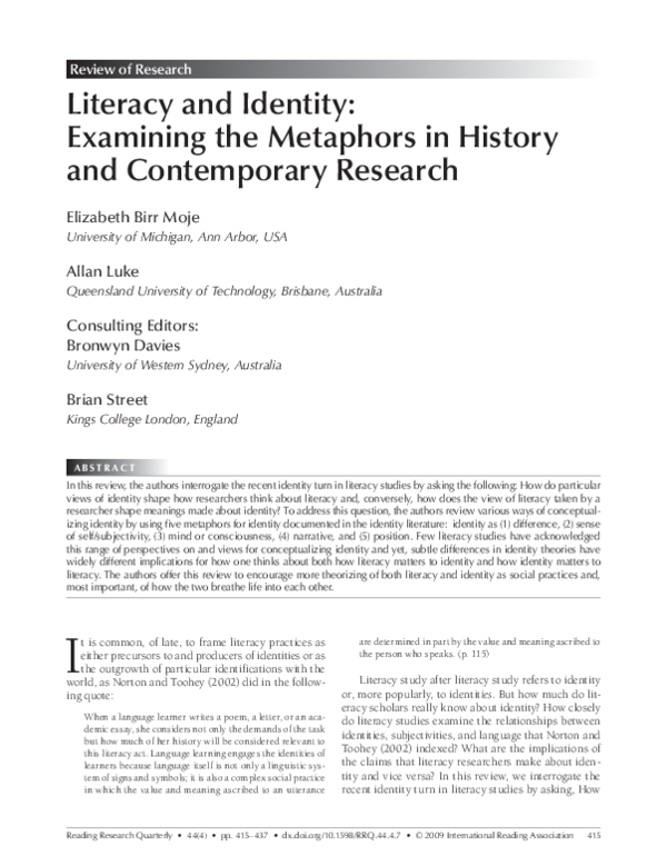 (PDF) Literacy and Identity: Examining the Metaphors in History and ...