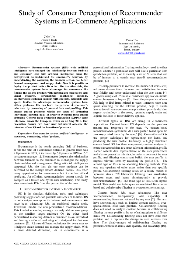 (PDF) Study of Consumer Perception of Recommender Systems in E-Commerce Applications