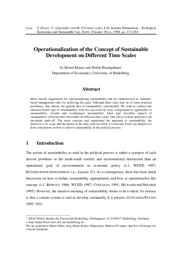 (PDF) Operationalization of the concept of sustainable development on different time scales