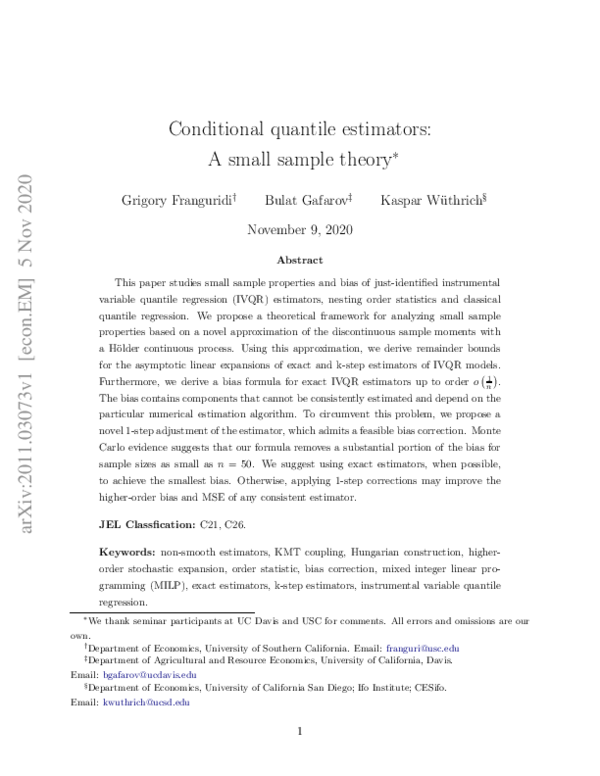 (PDF) Conditional Quantile Estimators: A Small Sample Theory