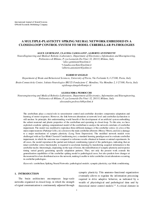 Pdf A Multiple Plasticity Spiking Neural Network Embedded In A Closed Loop Control System To