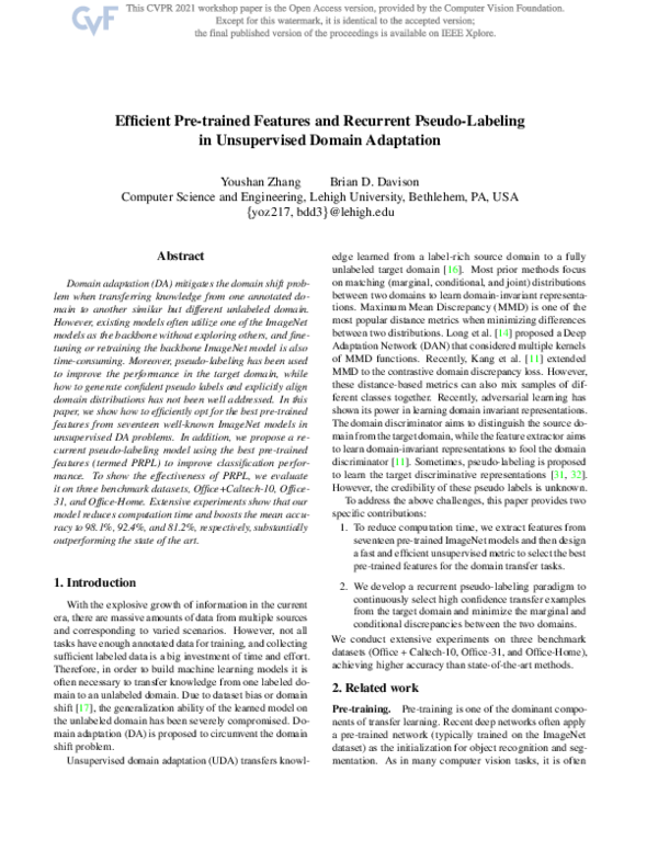 (PDF) Efficient Pre-trained Features and Recurrent Pseudo-Labeling in Unsupervised Domain Adaptation