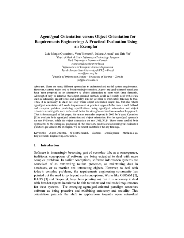 (PDF) Agent/goal Orientation versus Object Orientation for Requirements Engineering: A Practical ...