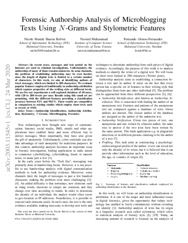 Pdf Forensic Authorship Analysis Of Microblogging Texts Using N Grams And Stylometric Features