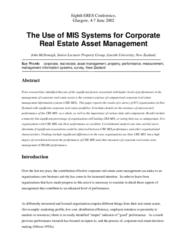 (PDF) The Use of MIS Systems for Corporate Real Estate Asset Management