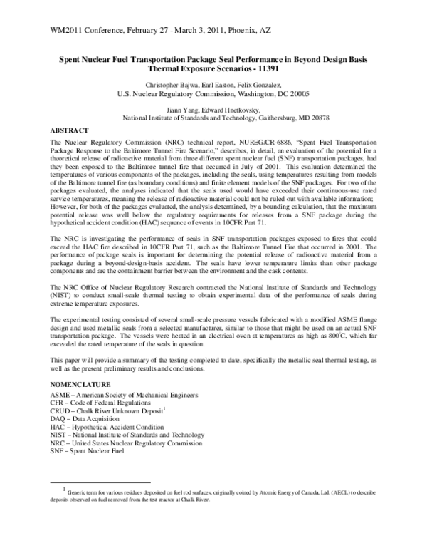 (PDF) Spent Nuclear Fuel Transportation Package Seal Performance in ...