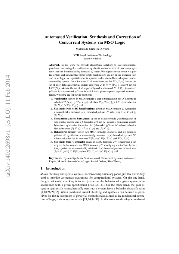 (PDF) Automated Verification, Synthesis and Correction of Concurrent Systems via MSO Logic