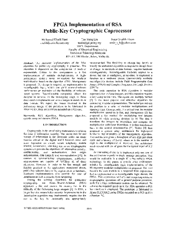 (PDF) FPGA implementation of RSA public-key cryptographic coprocessor (PDF) FPGA implementation of RSA public-key cryptographic coprocessor