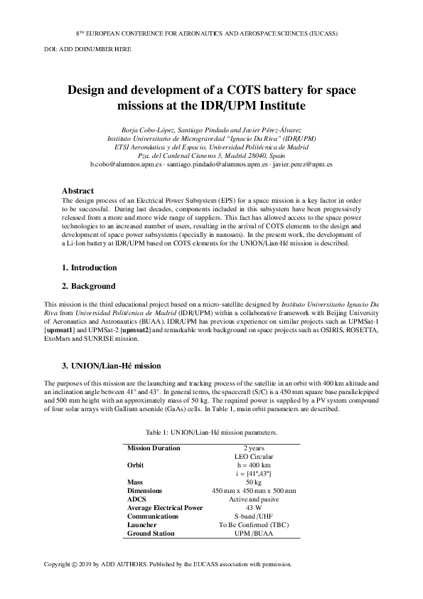(PDF) Design and development of a COTS battery for space missions at ...