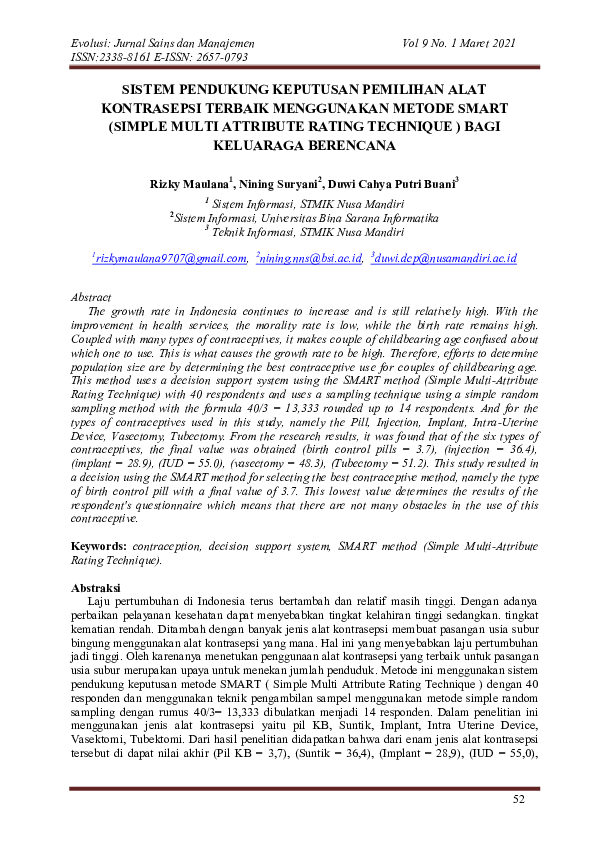 (PDF) Sistem Pendukung Keputusan Pemilihan Alat Kontrasepsi Terbaik Metode Smart ( Simple Multi ...