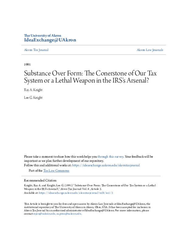 (PDF) Substance Over Form: The Conerstone of Our Tax System or a Lethal ...