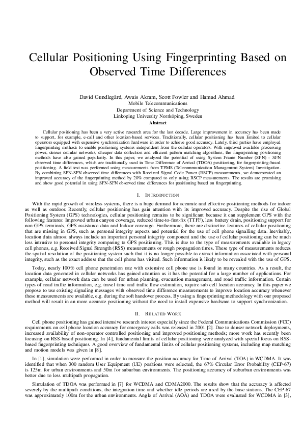 (PDF) Cellular positioning using fingerprinting based on observed time differences | Awais Akram ...