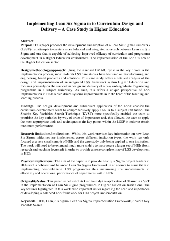 (PDF) Implementing Lean Six Sigma into curriculum design and delivery ...