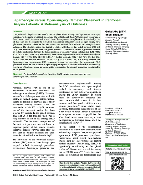 (PDF) Laparoscopic versus open-surgery catheter placement in peritoneal dialysis patients: A ...
