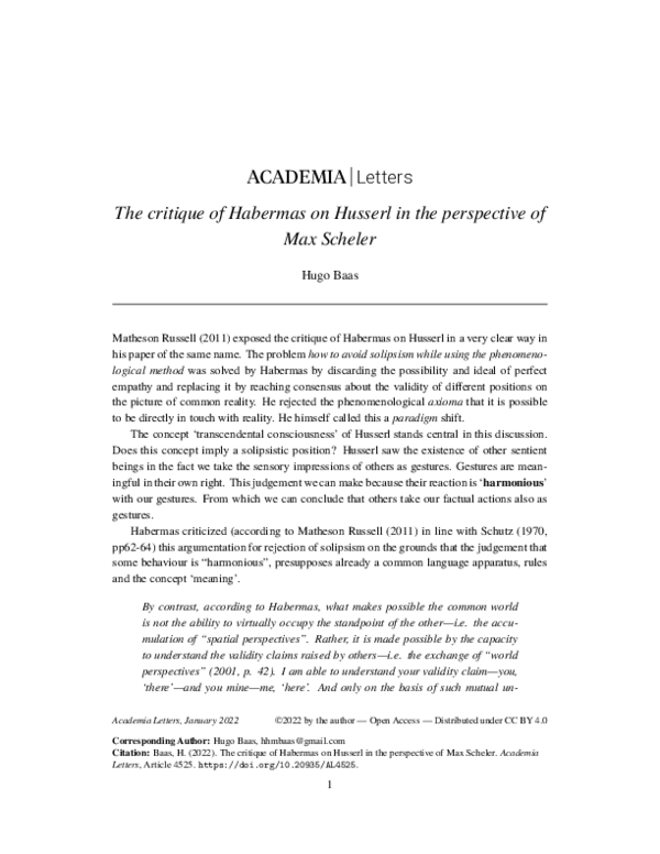 (PDF) The critique of Habermas on Husserl in the perspective of Max Scheler