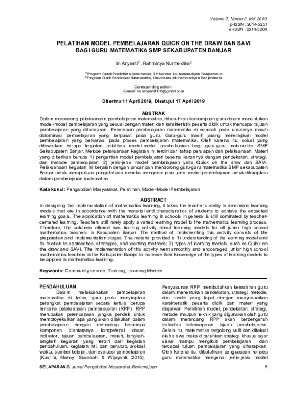 (PDF) Pelatihan Model Pembelajaran Quick on the Draw Dan Savi Bagi Guru Matematika SMP ...