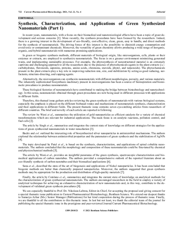 (PDF) Synthesis, Characterization, and Applications of Green Synthesized Nanomaterials (Part 1 ...