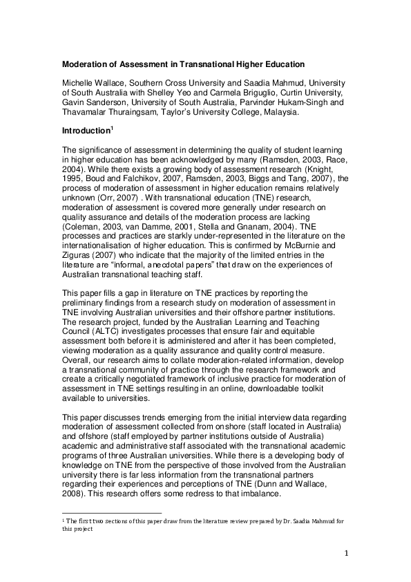 (PDF) Moderation of Assessment in Transnational Higher Education