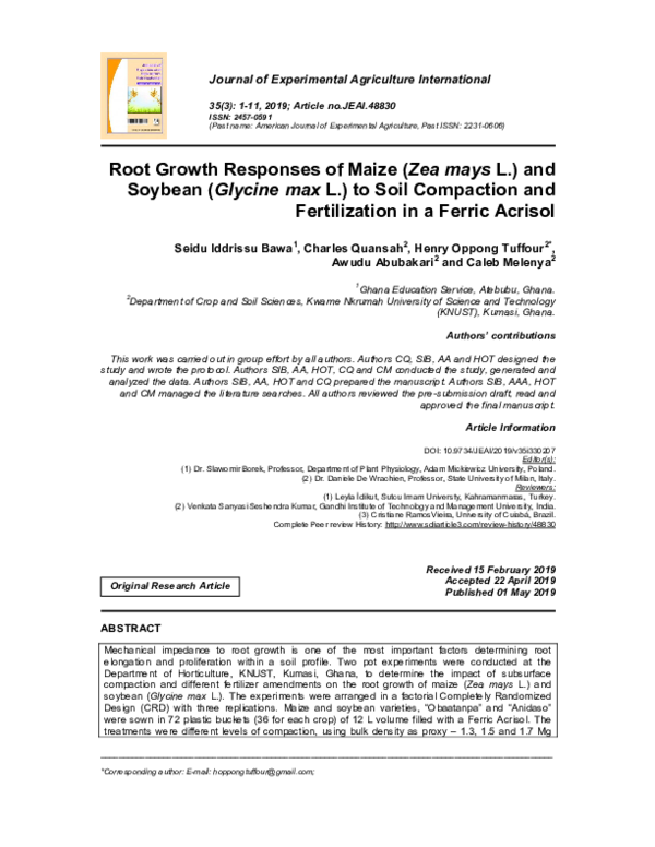 (PDF) Root Growth Responses of Maize (Zea mays L.) and Soybean (Glycine max L.) to Soil ...
