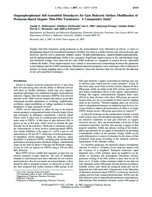 (PDF) Organophosphonate Self-Assembled Monolayers for Gate Dielectric Surface Modification of ...