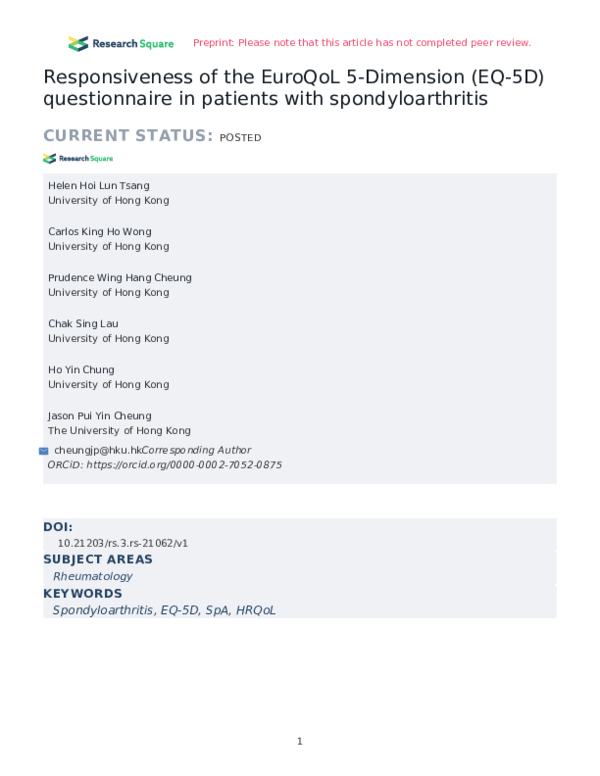 (PDF) Responsiveness of the EuroQoL 5-Dimension (EQ-5D) questionnaire in patients with ...