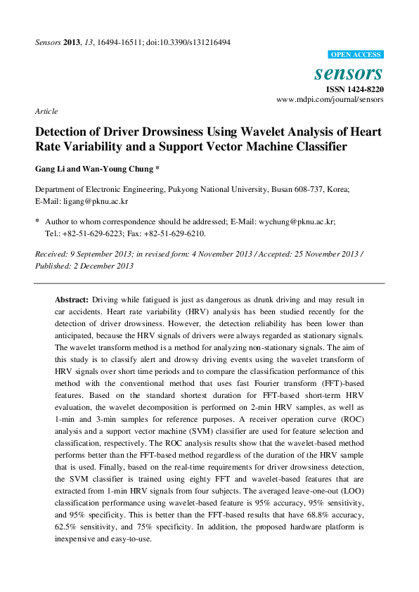 Pdf Detection Of Driver Drowsiness Using Wavelet Analysis Of Heart Rate Variability And A