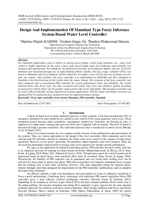 (PDF) Design And Implementation Of Mamdani Type Fuzzy Inference System Based Water Level Controller