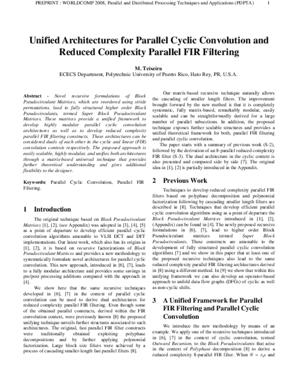 Pdf Unified Architectures For Parallel Cyclic Convolution And Reduced Complexity Parallel Fir