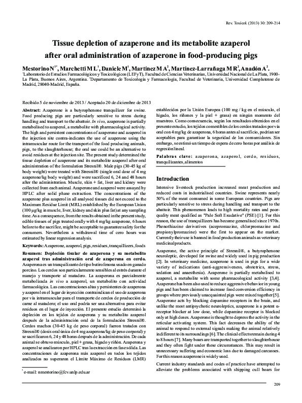 (PDF) Tissue depletion of azaperone and its metabolite azaperol after ...