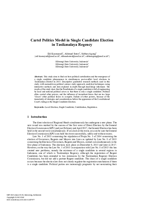 (PDF) Cartel Politics Model in Single Candidate Election in Tasikmalaya ...