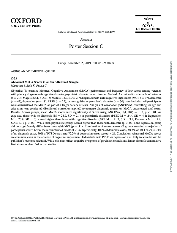 (PDF) C-33 Abnormal MoCA Scores in a Clinic-Referred Sample