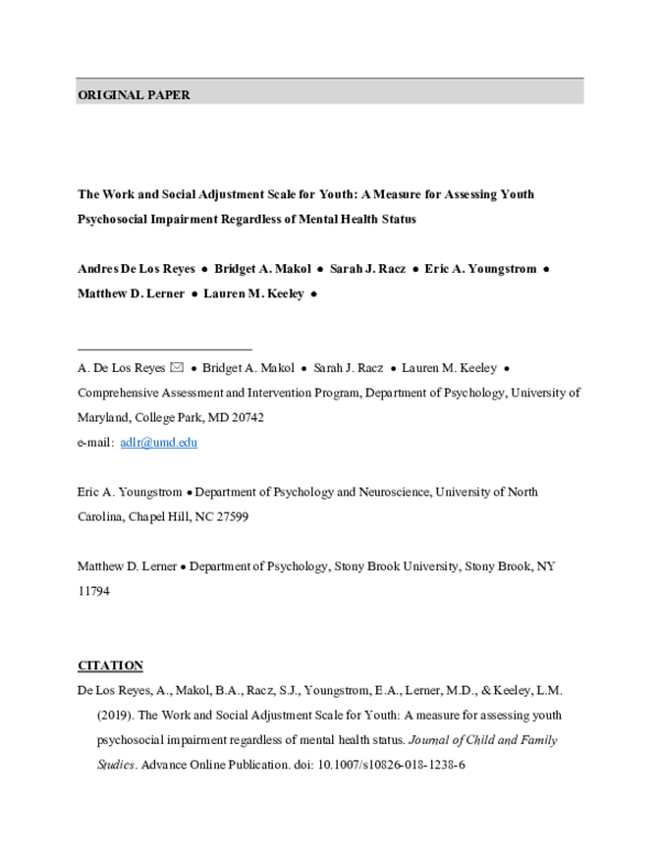 (PDF) The Work and Social Adjustment Scale for Youth: A Measure for ...